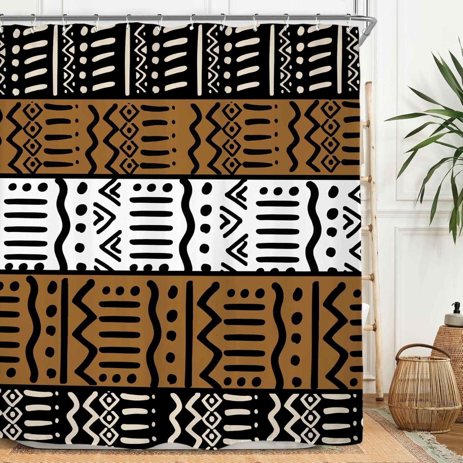 Amazon.com: Miyotaa Brown Black White Shower Curtain Set 60Wx71H Inches Abstract Mudcloth ...