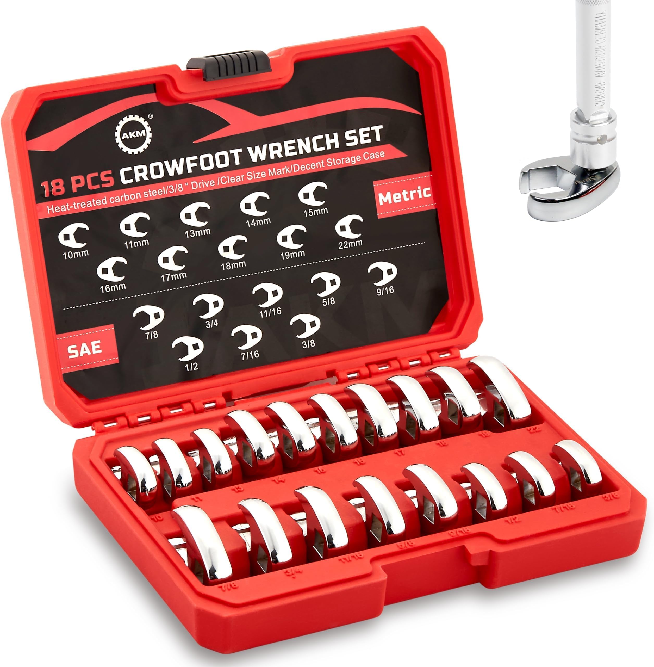 AKM 3/8" Drive Crowfoot Wrench Set, 18-Piece Cr-v Steel Flare Nut ...