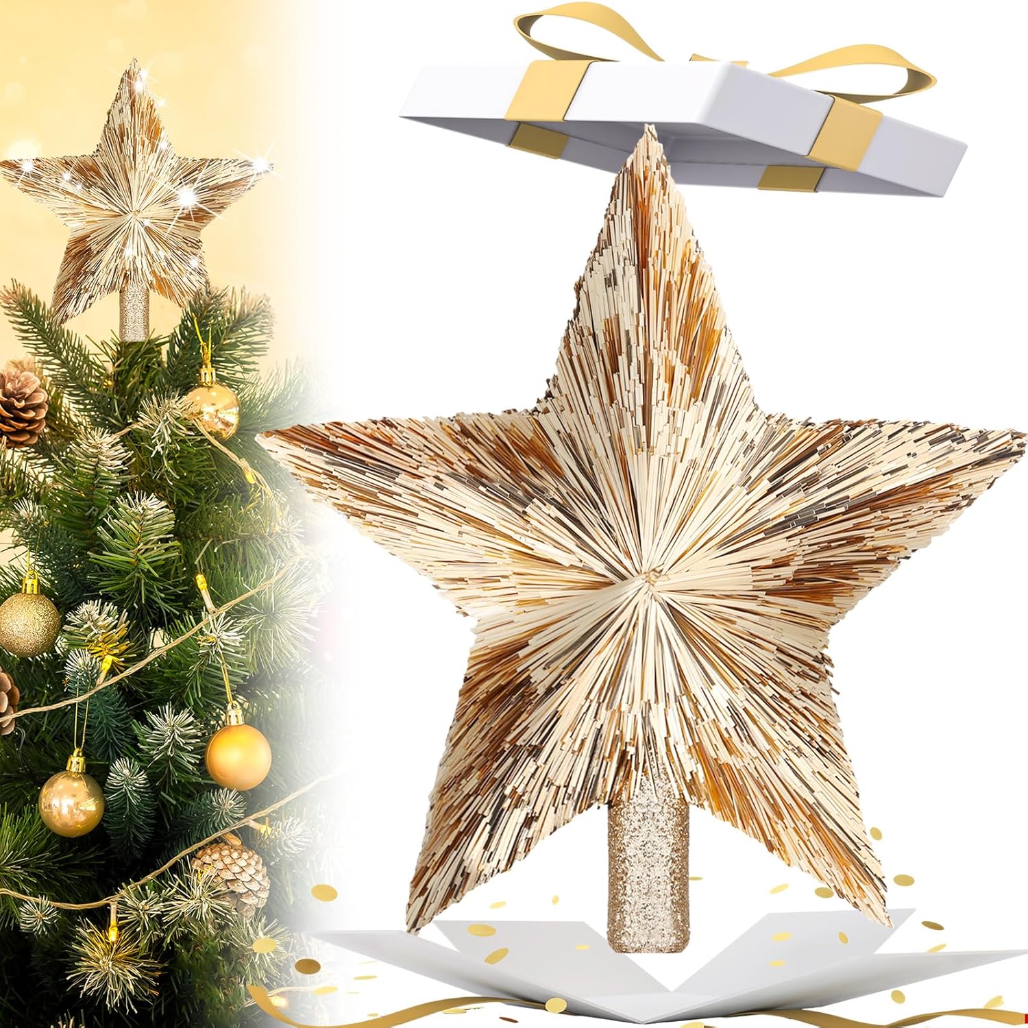 Amazon.com: Gejoy 8.6 Inch Christmas Star Tree Topper Champagne Gold ...