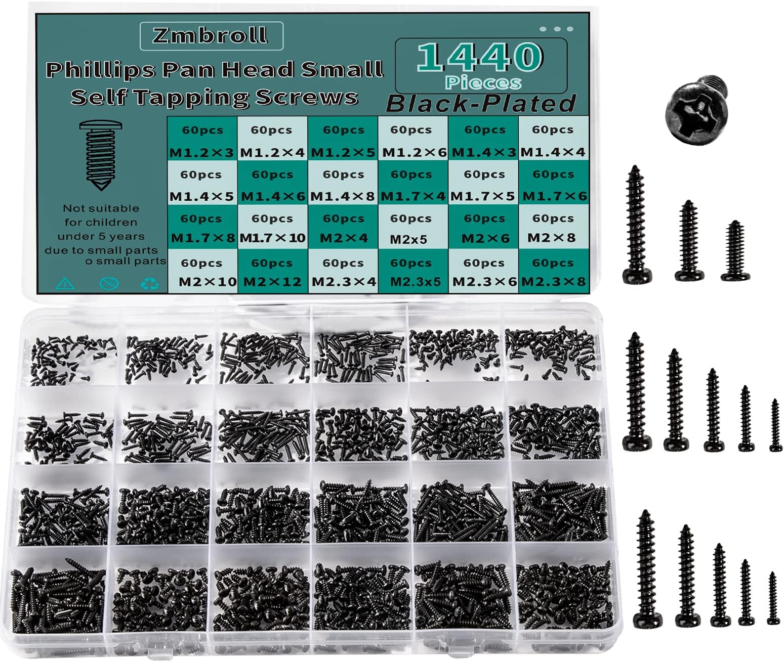 Zmbroll 1440Pcs Black Small Self Tapping Screws,Mini Screws,Phillip Pan ...
