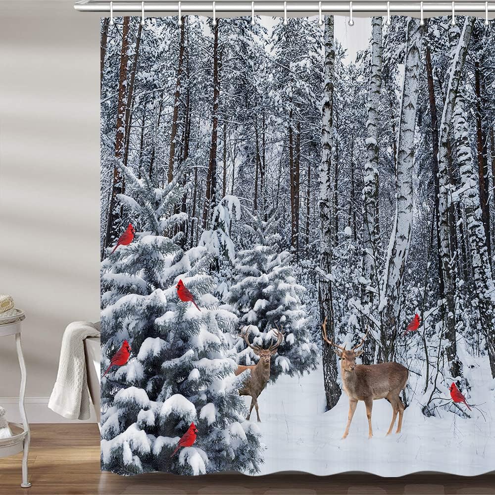 Amazon.com: JAWO Winter Snow Shower Curtain for Bathroom, Pine Forest ...