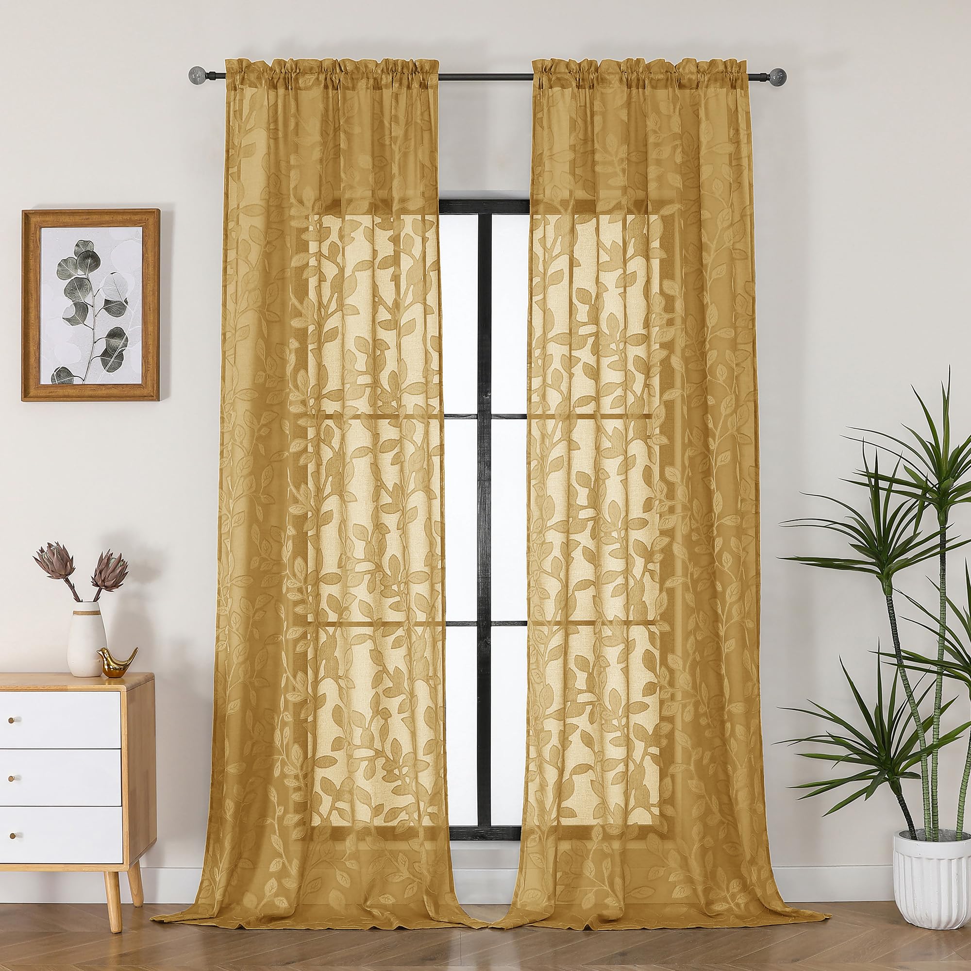 Amazon.com: OVZME Gold Sheer Curtains 96 inches Long 2 Panels for ...