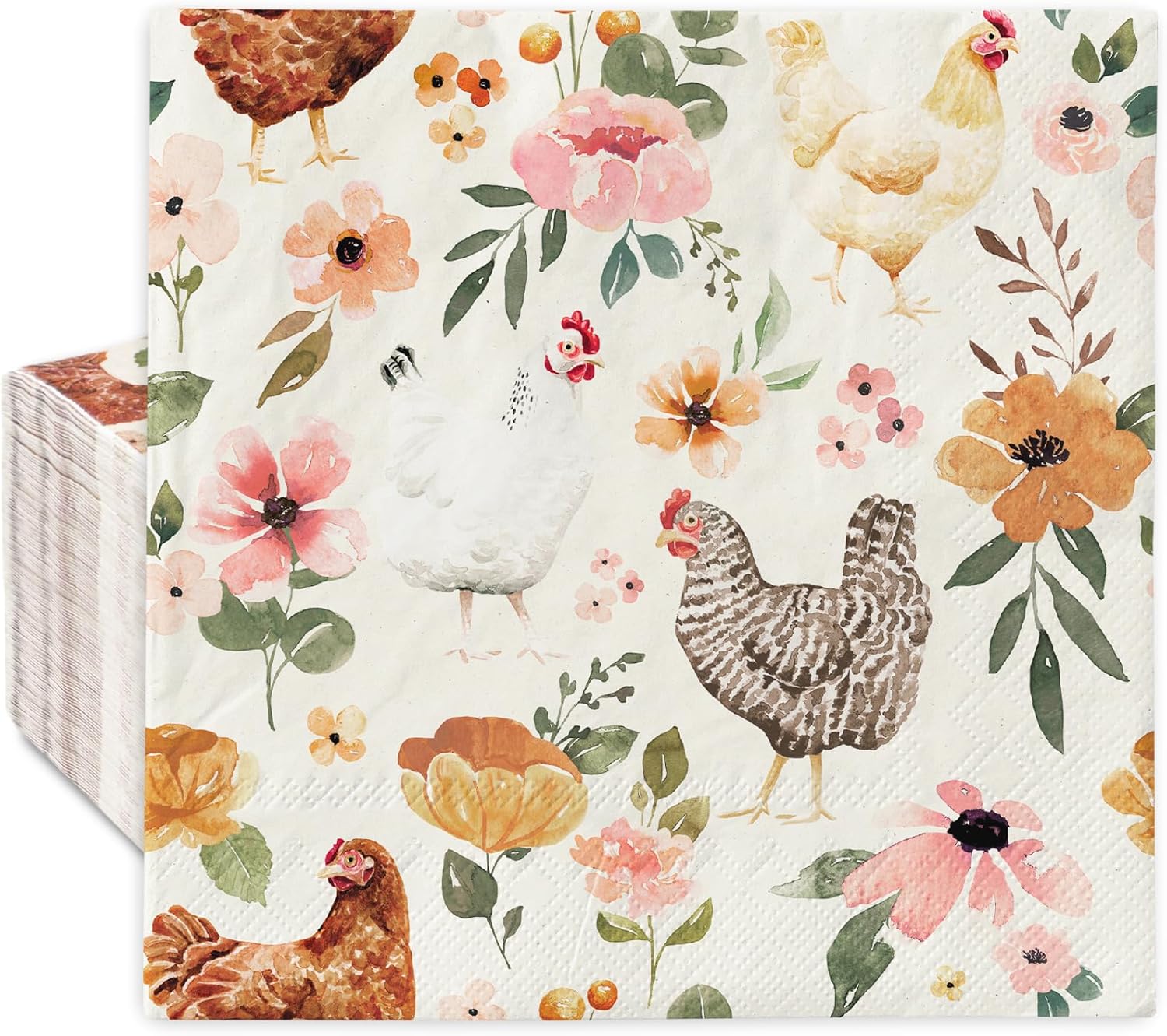Amazon.com: 80Pcs Hens Paper Napkins Watercolor Floral Chicken ...