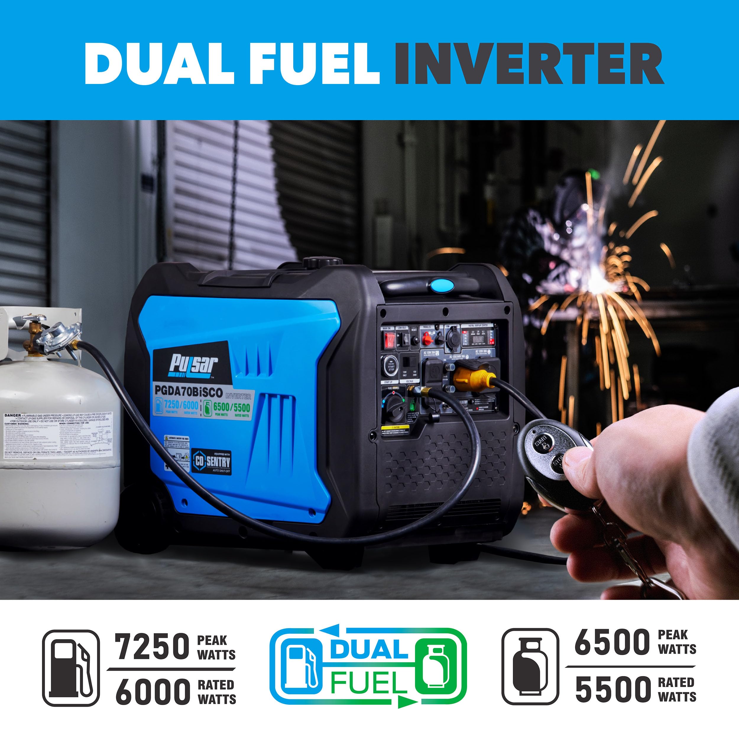 Pulsar 7,250-Watt Super Quiet Dual Fuel Inverter Generator with Remote ...