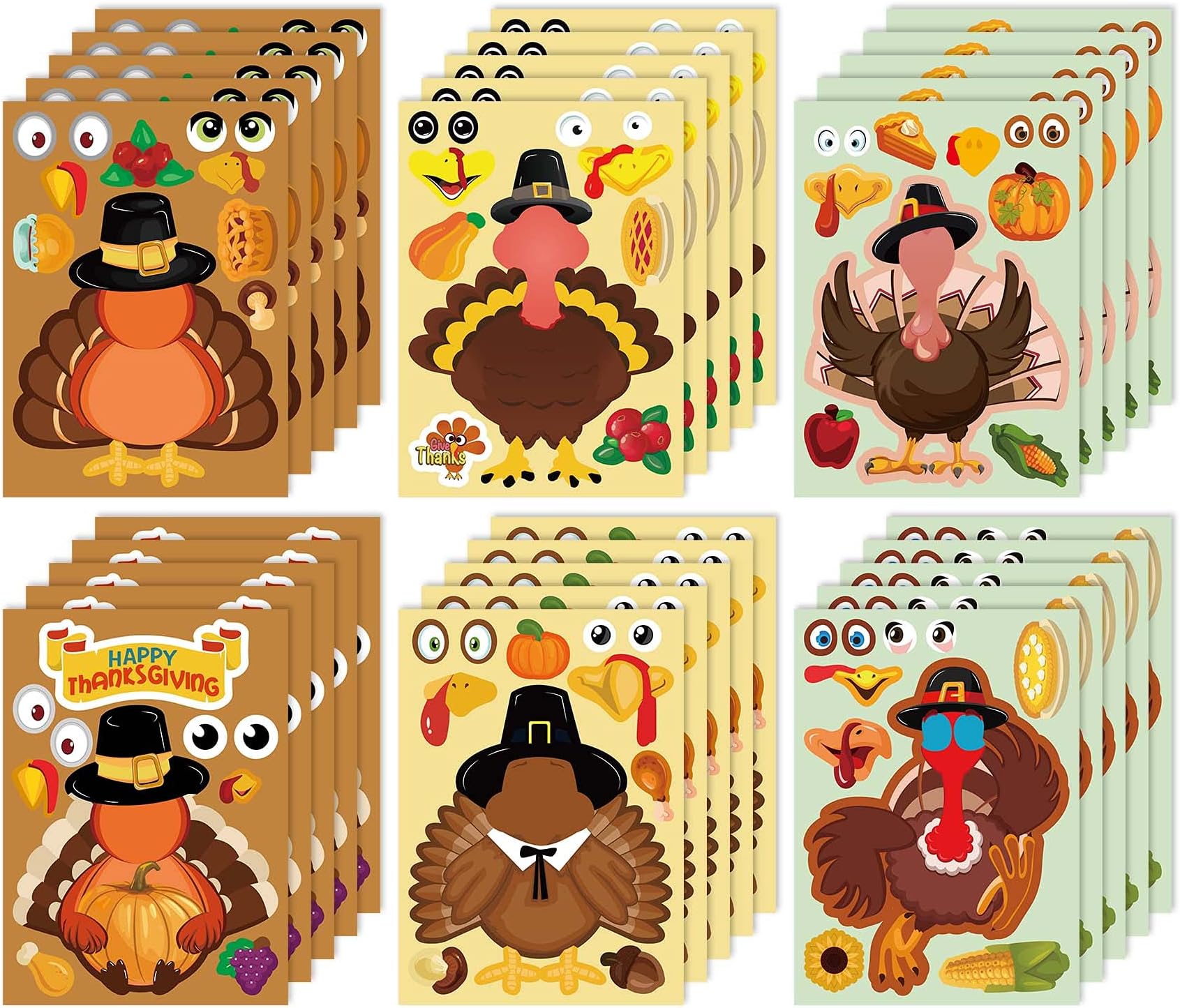 Amazon.com: Turkey Stickers 36 Pcs Make A Turkey Face Sticker Sheets ...