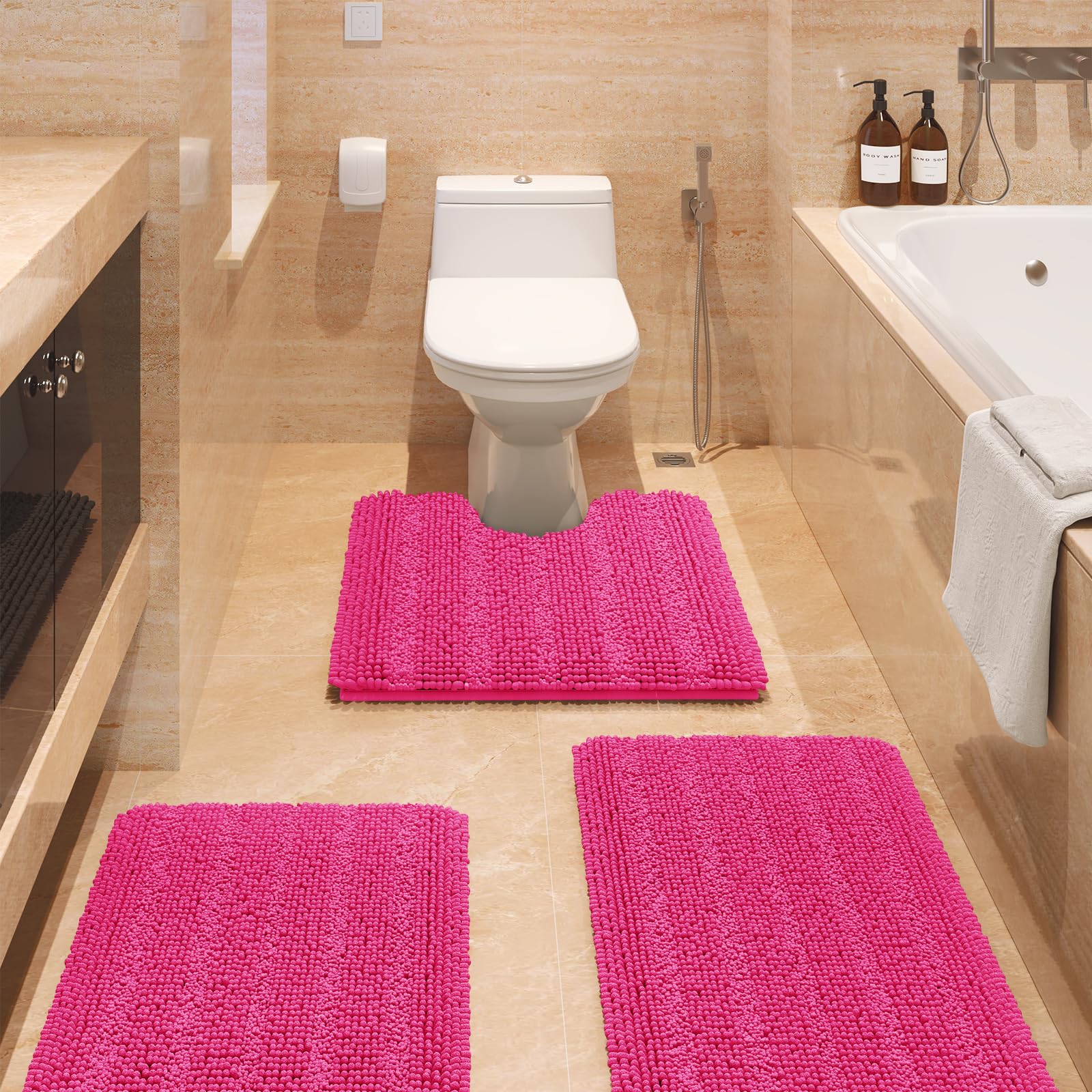 Amazon.com: ACCUMTEK Striped Hot Pink Bathroom Rug Set 3 Pieces Ultra ...