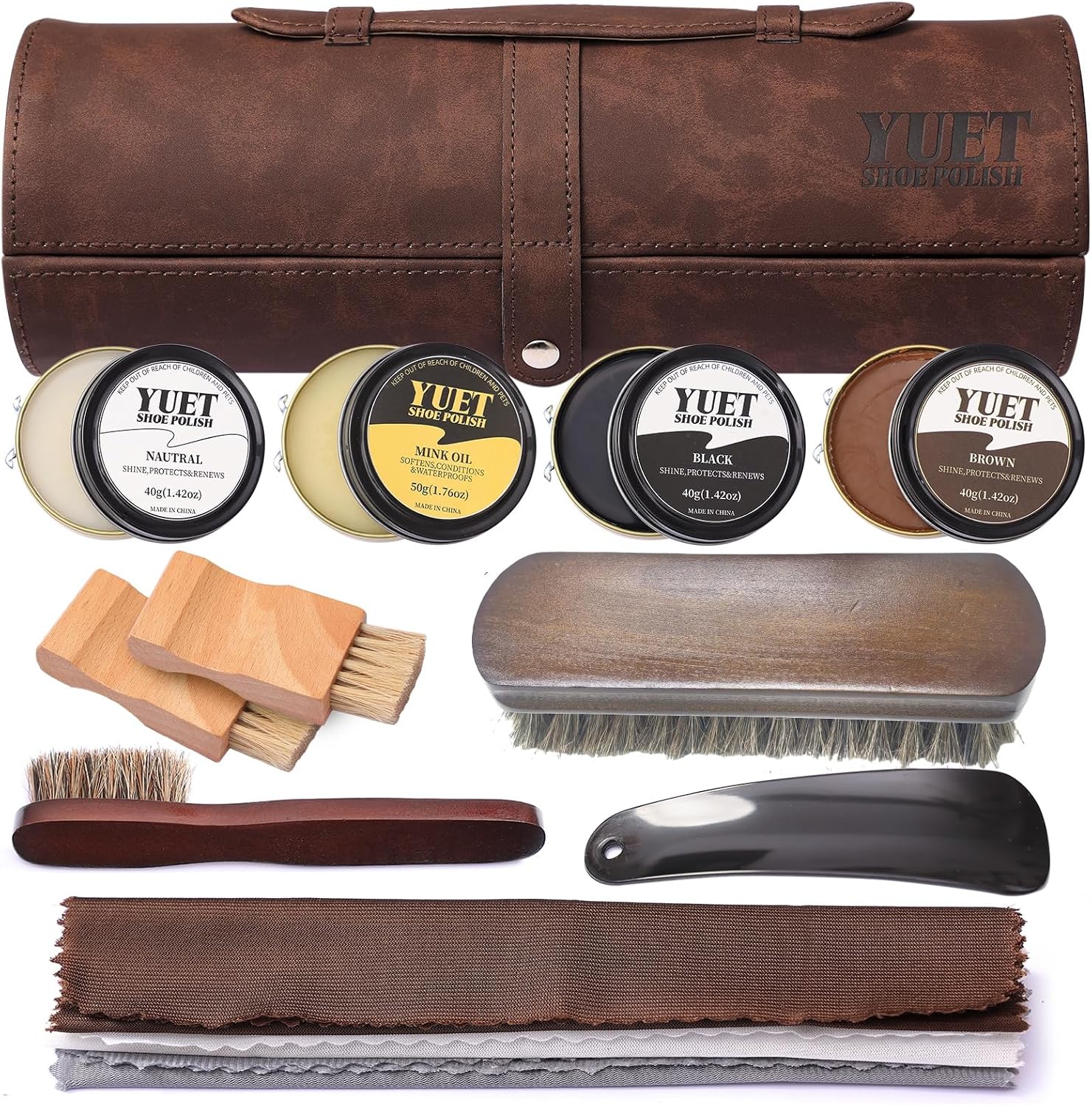 YUET Shoe Polish Kit Cleaning Shine Care Barrel Set For Brown Black ...