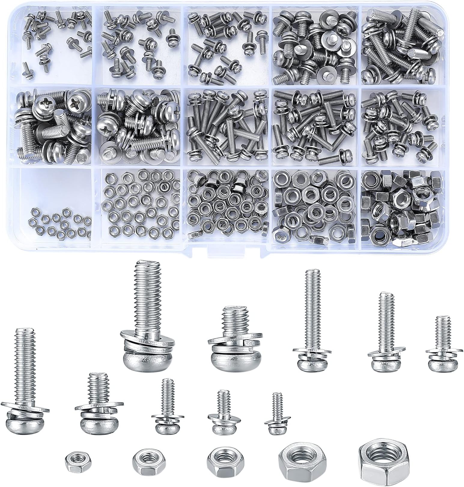 300 Pcs Flat Cross Pan Head Screws and Hex Nuts Washer Assortment ...