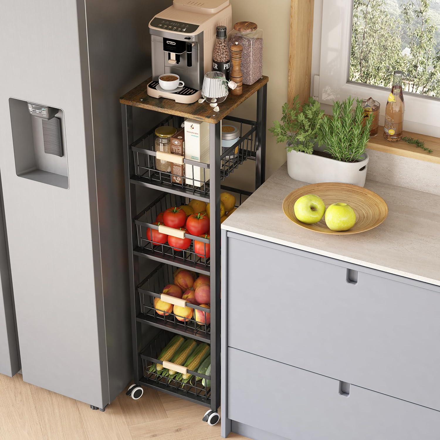 COVAODQ 5-Tier Kitchen Storage Trolley, Pull-Out Fruit Basket Stand ...