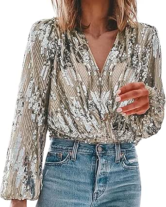 Amazon.com: Sequin Tops for Women Dressy V Neck Sparkly Glitter Tops ...