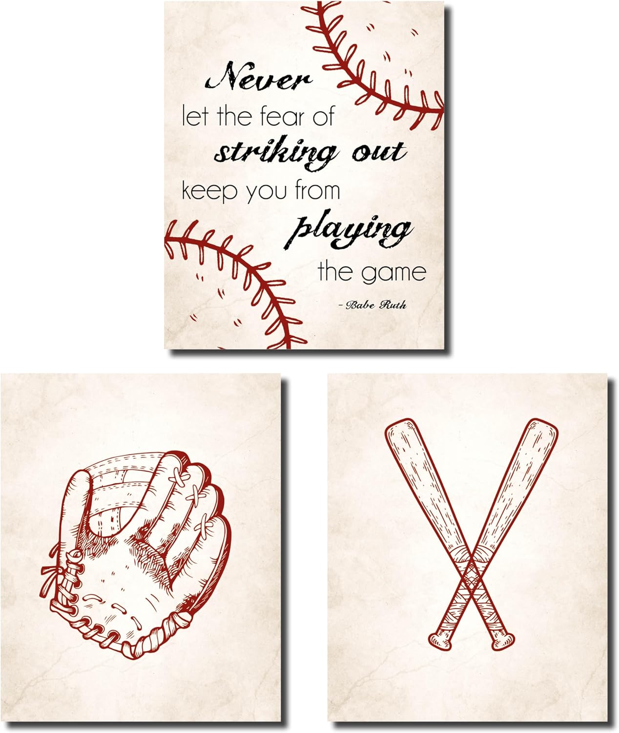 Amazon.com: Set of 3 Baseball Prints | Unframed Baseball Wall Decor For ...