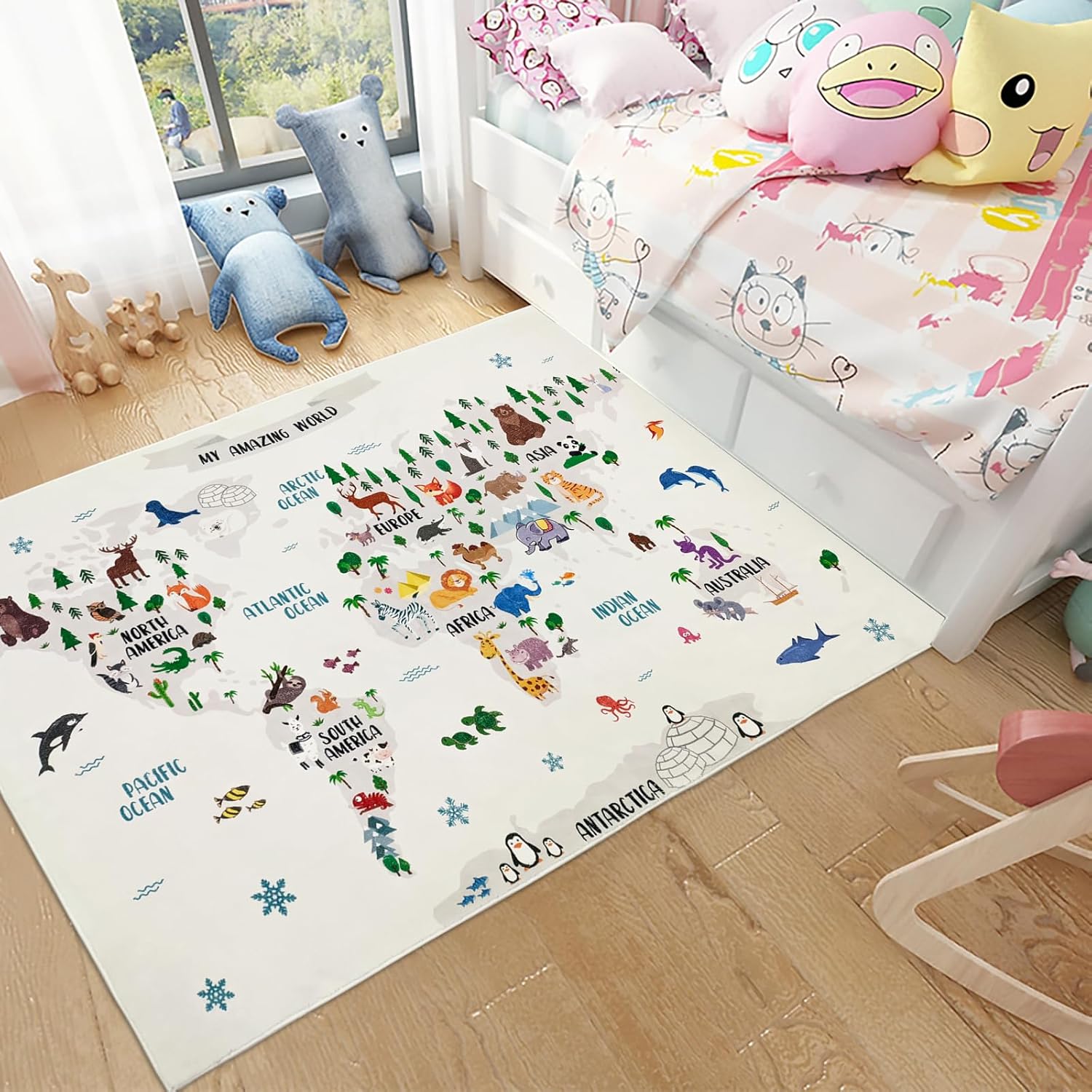 Amazon.com: Lacomfy Kids Rug World Map Play Mat Animal Bedroom Carpet ...
