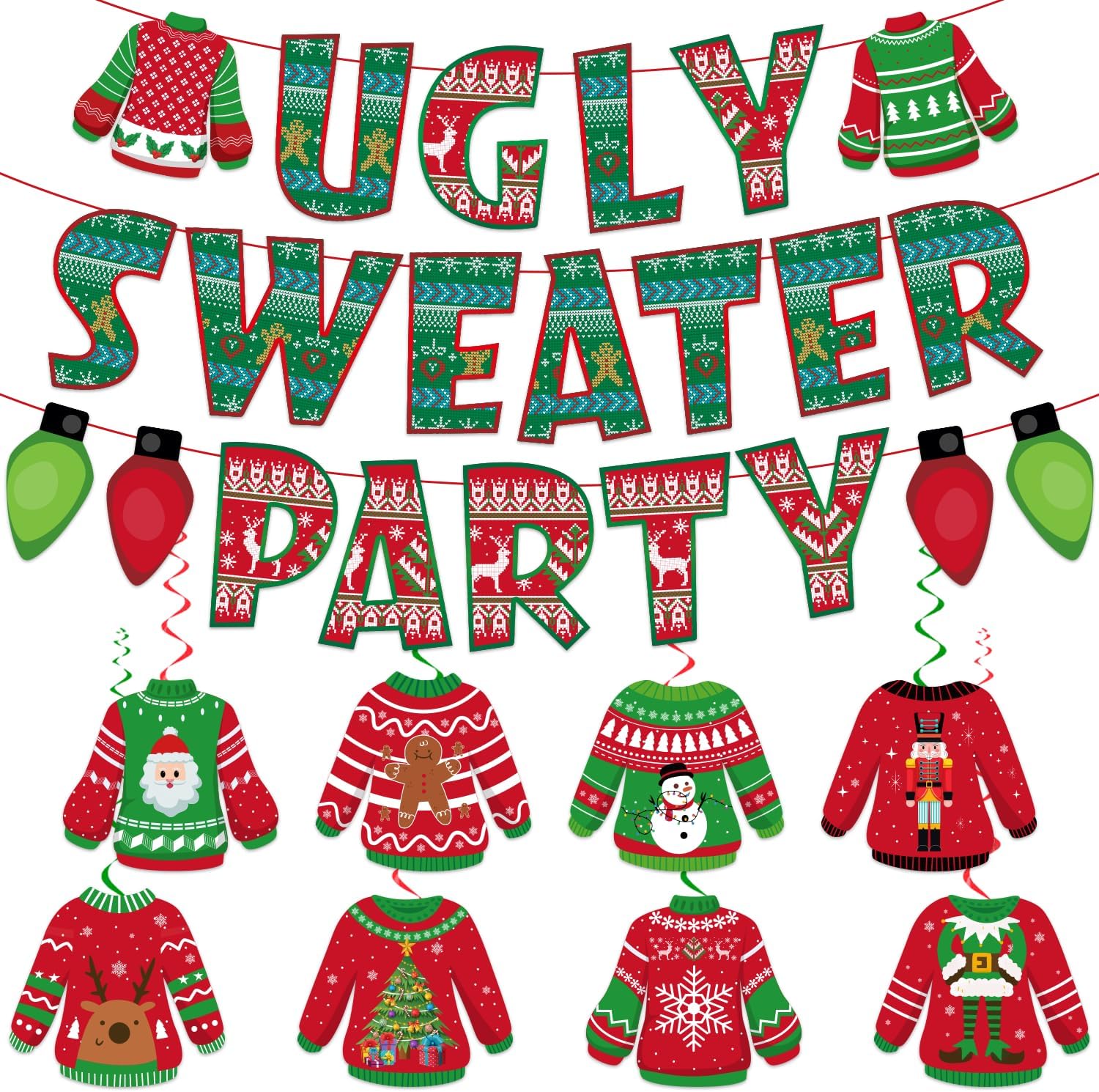 Amazon.com: Ugly Sweater Party Decorations Banner and Hanging Swirls ...