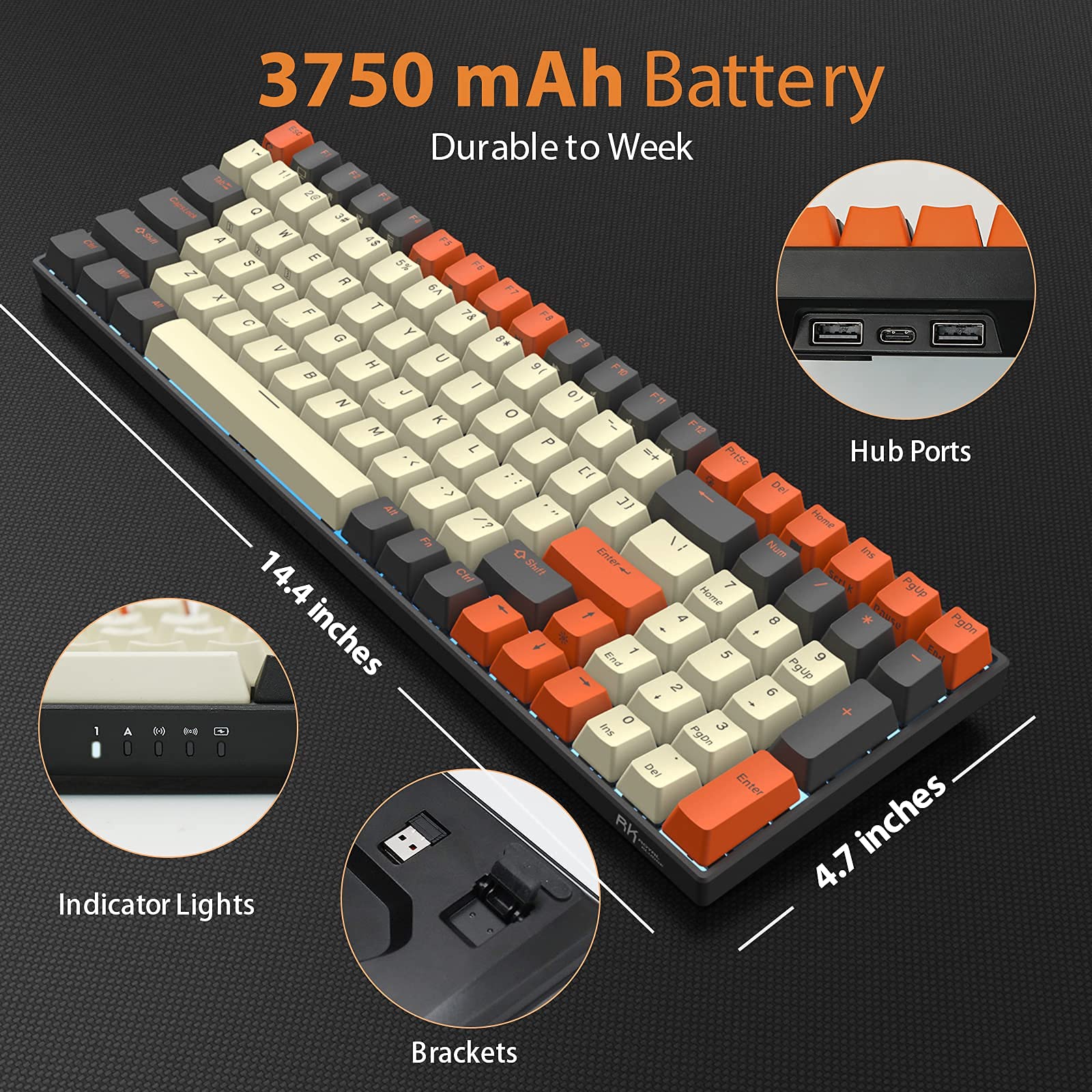 RK ROYAL KLUDGE RK100 Wireless Mechanical Keyboard, Bluetooth5.1/2.4G ...