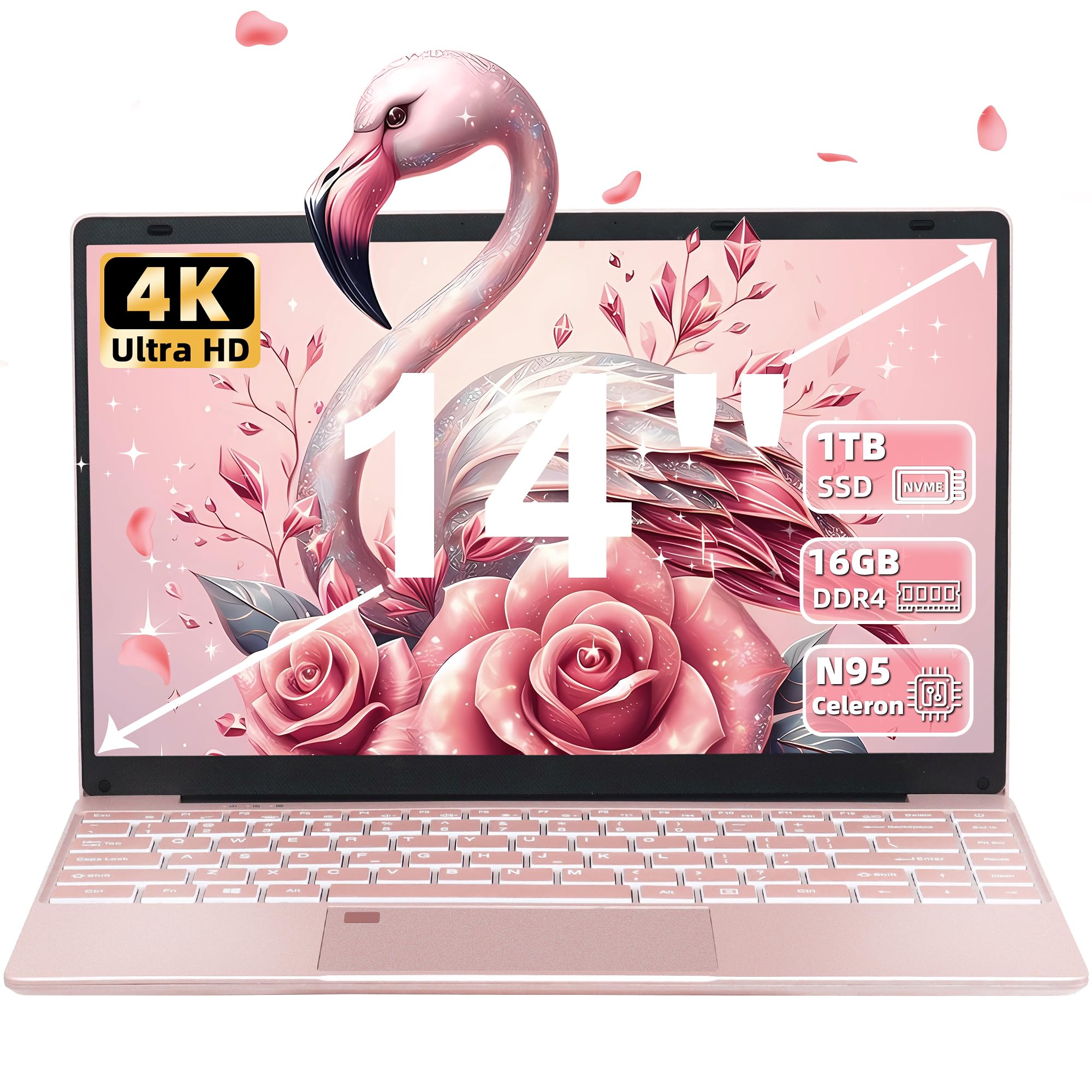 Fsjun 14" Rose Gold Laptop, 16GB RAM, 1TB PCIE NVMe SSD, 4K UHD ...