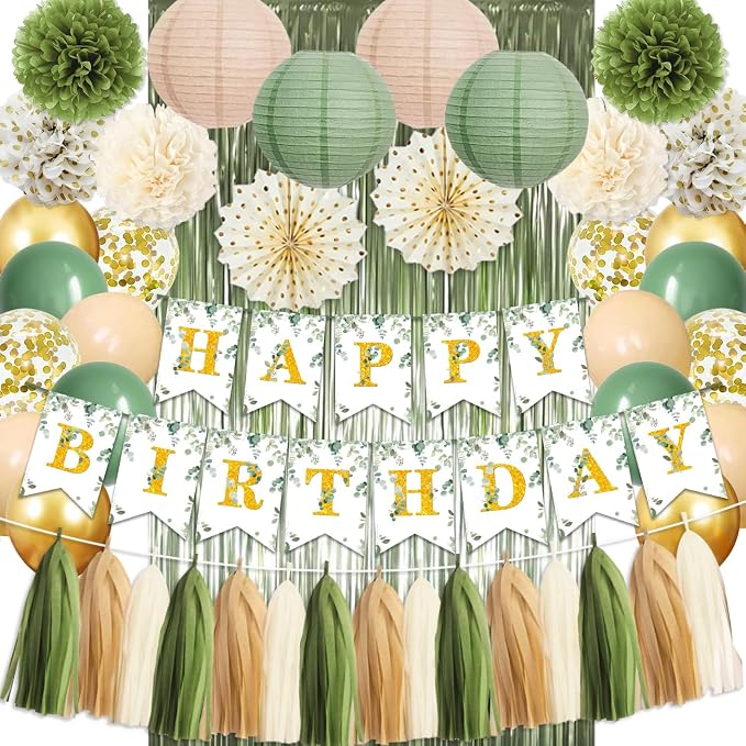Amazon.com: Sage Green Birthday Party Decorations with Happy Birthday ...