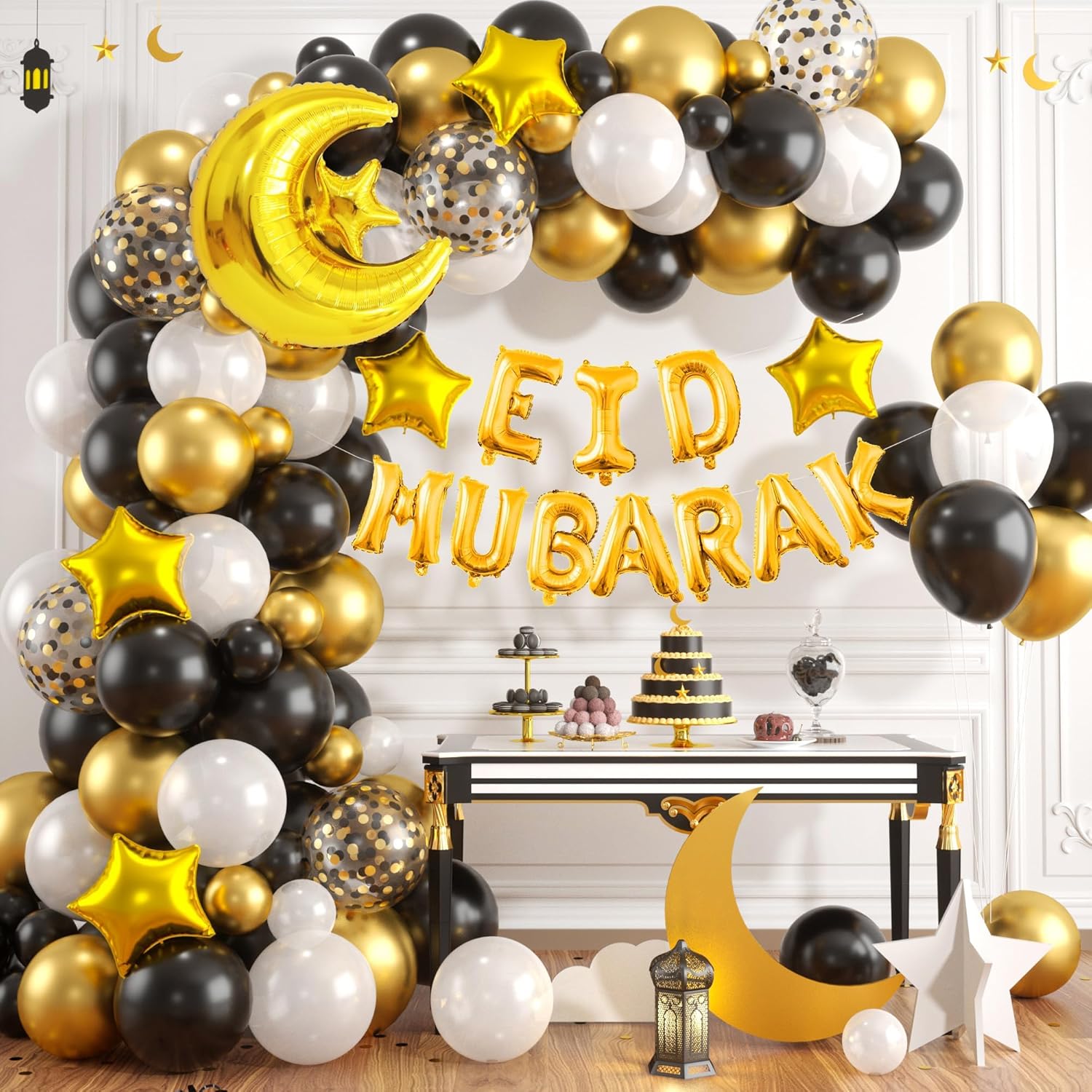 Eid Mubarak Balloon Arch, Black White Gold Ramadan Mubarak Balloon ...