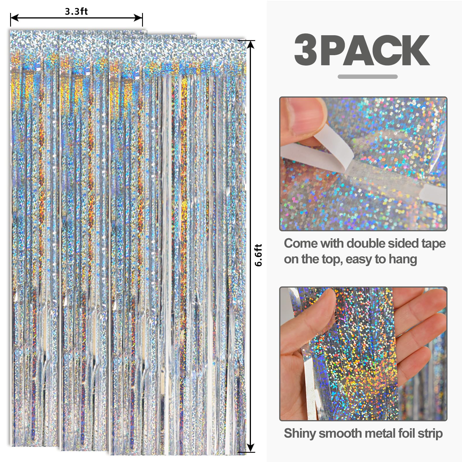 Snapklik.com : Pabues 3 Pack 3.3ft X 6.6ft Laser Silver Tinsel Curtain ...