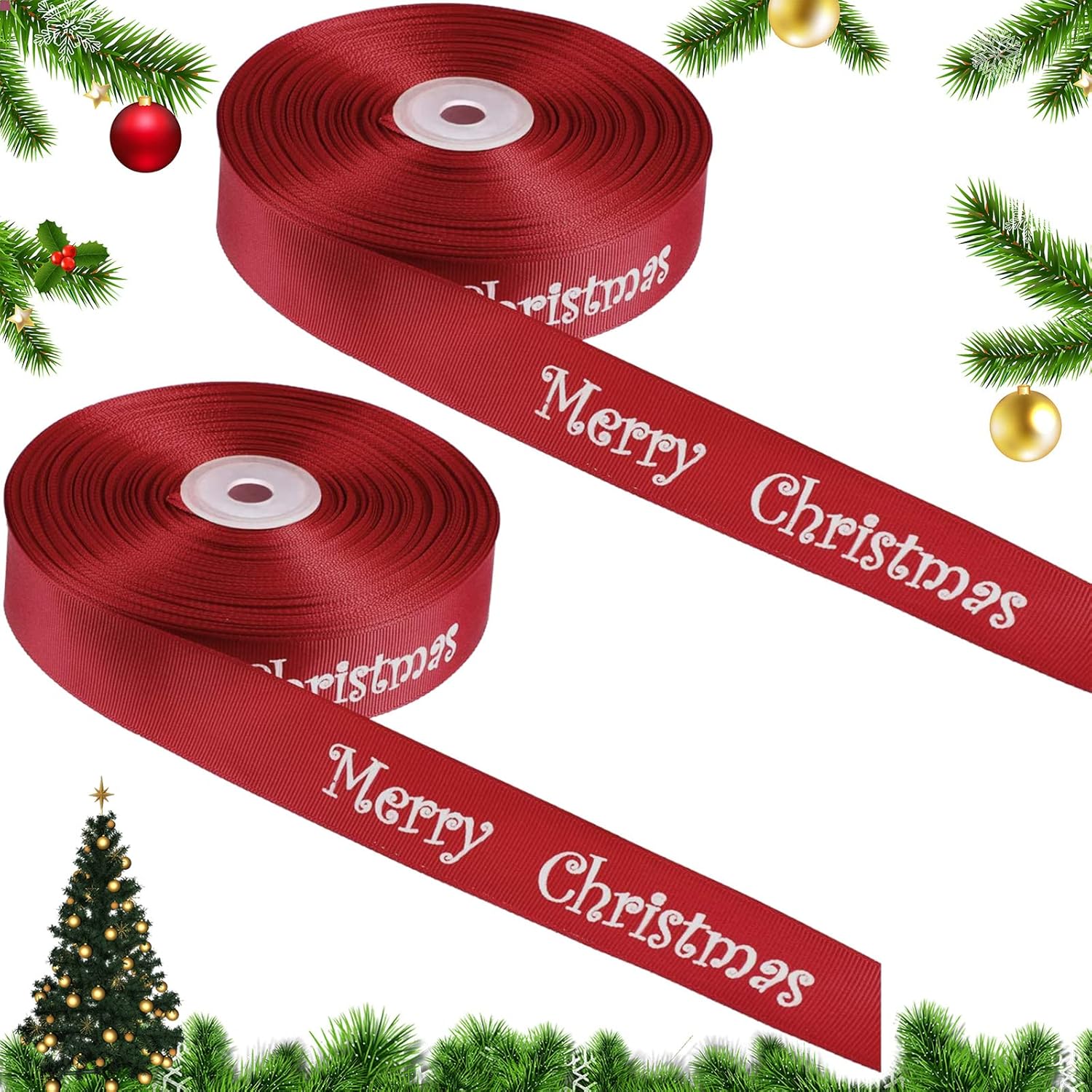 Amazon.com: Boao 2 Rolls Christmas Ribbon Roll with Merry Christmas ...