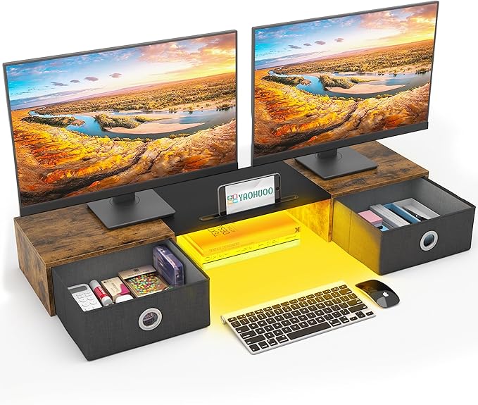 Amazon.com: YAOHUOO Dual Monitor Stand with LED Light 2 Drawers ...