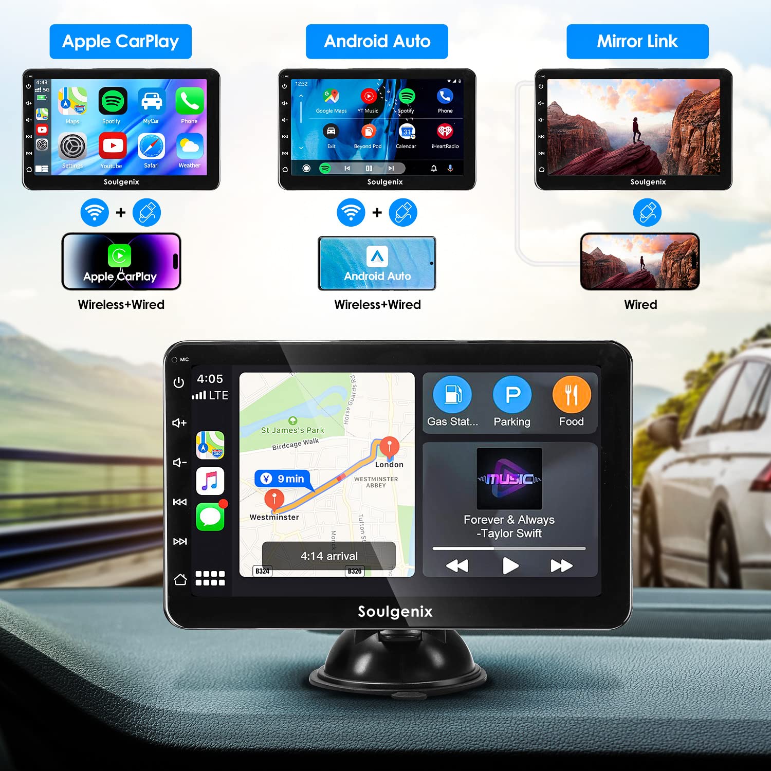 Soulgenix Wireless Apple Carplay Screen with Backup Camera,7'' Car ...