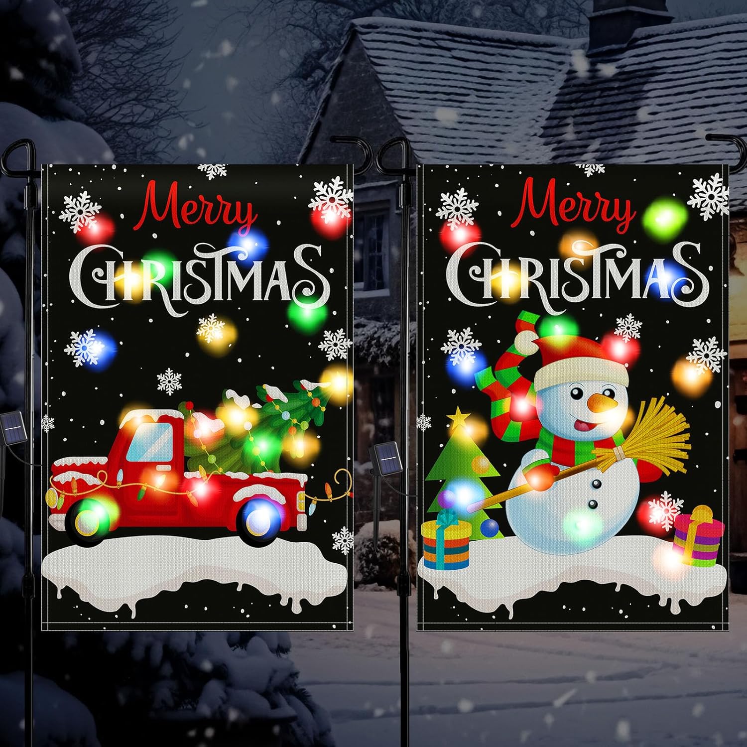 Amazon.com: VIHOSE 2 Pcs Lighted Snowman Red Truck Christmas Flag 12x18 ...