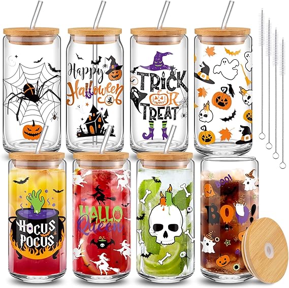 Amazon.com | Umigy 8 Pcs 16oz Halloween Glass Tumbler Halloween Iced ...