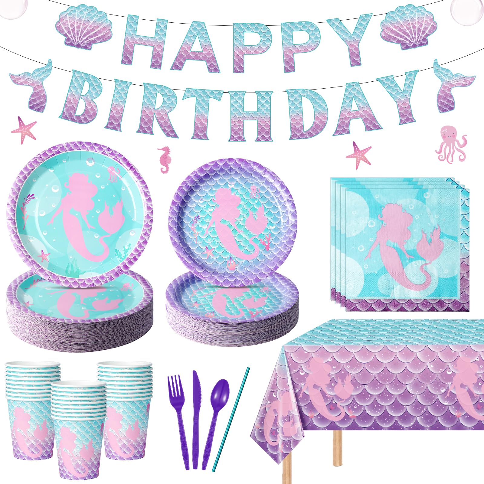 Snapklik.com : 203Pcs Mermaid Birthday Party Supplies - Tablecloth
