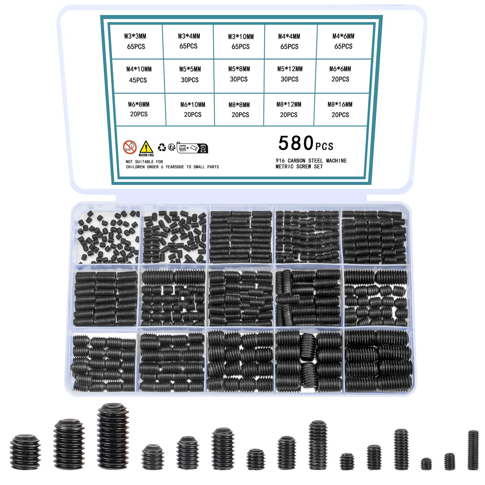 QOOSIKICC Set di 580 Viti a Grano M3 M4 M5 M6 M8, Assortimento di Viti ...