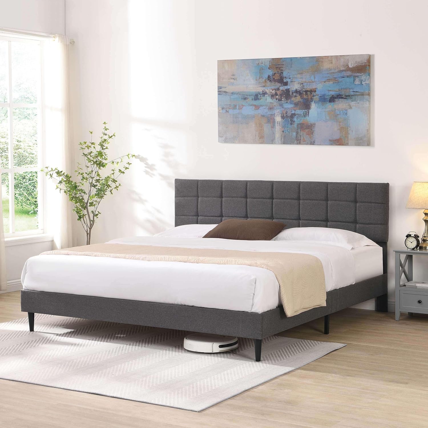 Amazon.com: Premium Dark Grey King Size Platform Bed Frame, Fabric ...