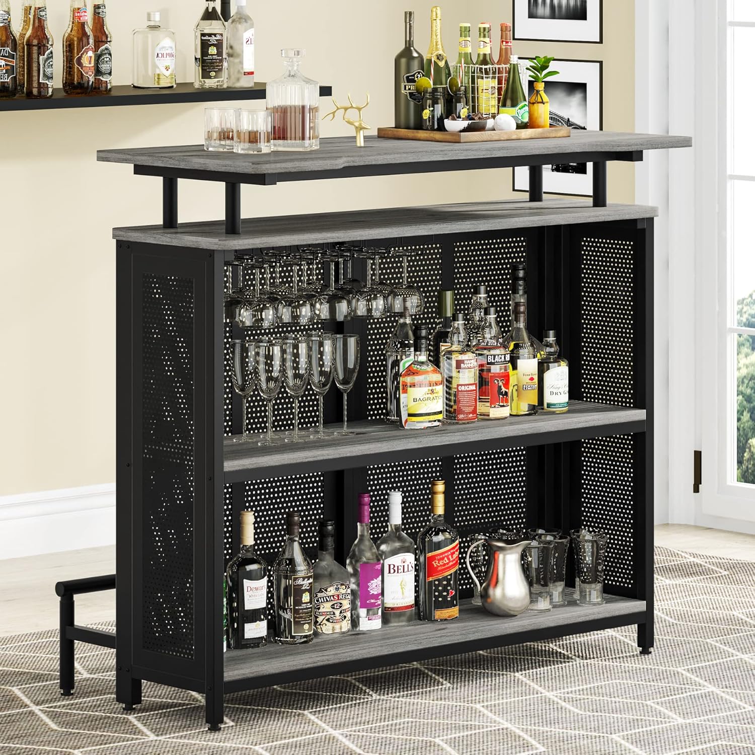 Tribesigns Home Bar Unit, 3 Tier Liquor Bar Table with Stemware Racks ...