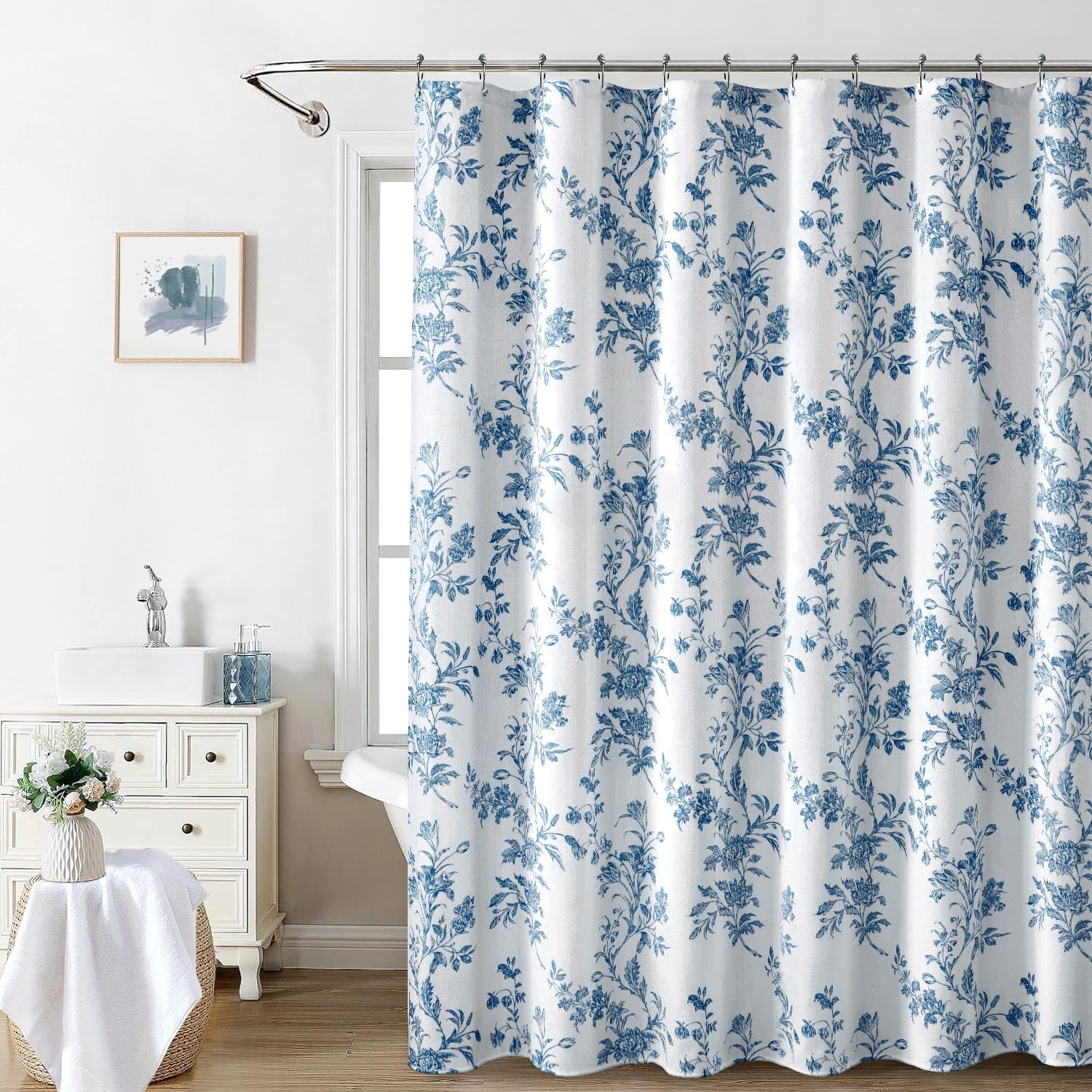 Amazon.com: Awellife Light Blue Shower Curtain,Cotton Floral ...