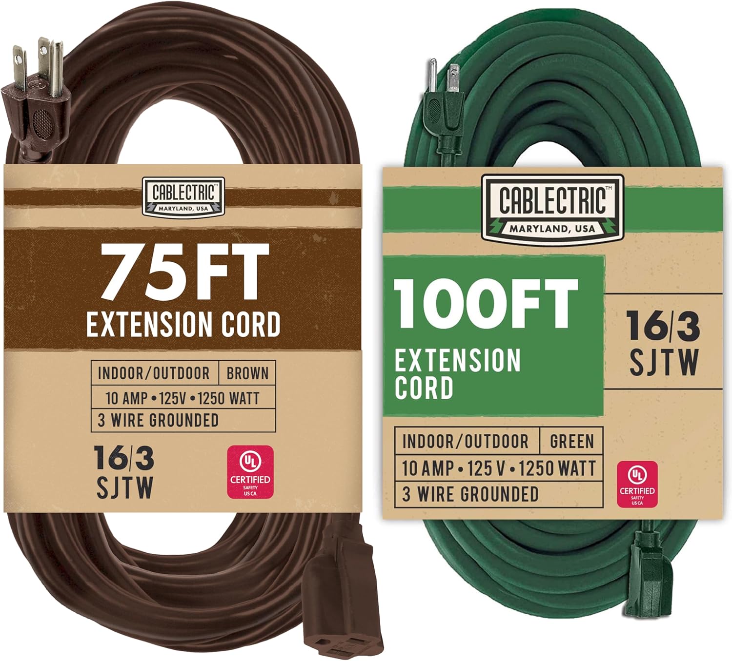 Amazon.com: Cablectric Brown Outdoor Extension Cord 75ft, 16/3 SJTW ...