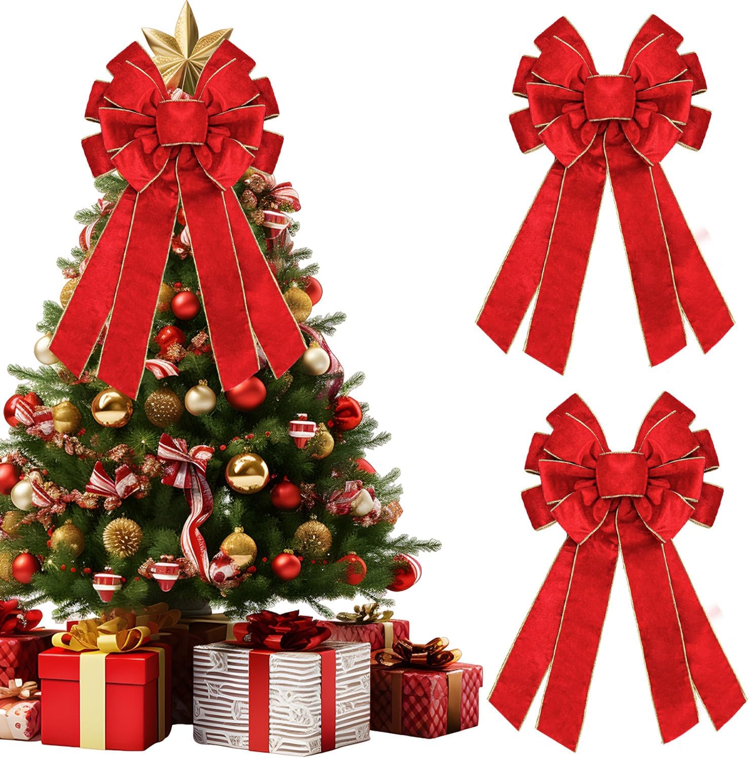 2Pcs Large Red Velvet Christmas Tree Bows- 27x50cm Christmas Tree ...
