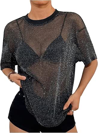 OYOANGLE Women's Glitter Sheer See Through Top Short Sleeve Loose ...