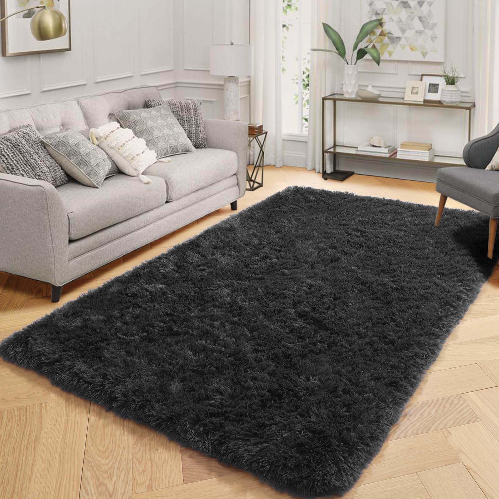 KICMOR Machine Washable Black Area Rugs for Bedroom Living Room, 4x6 ...