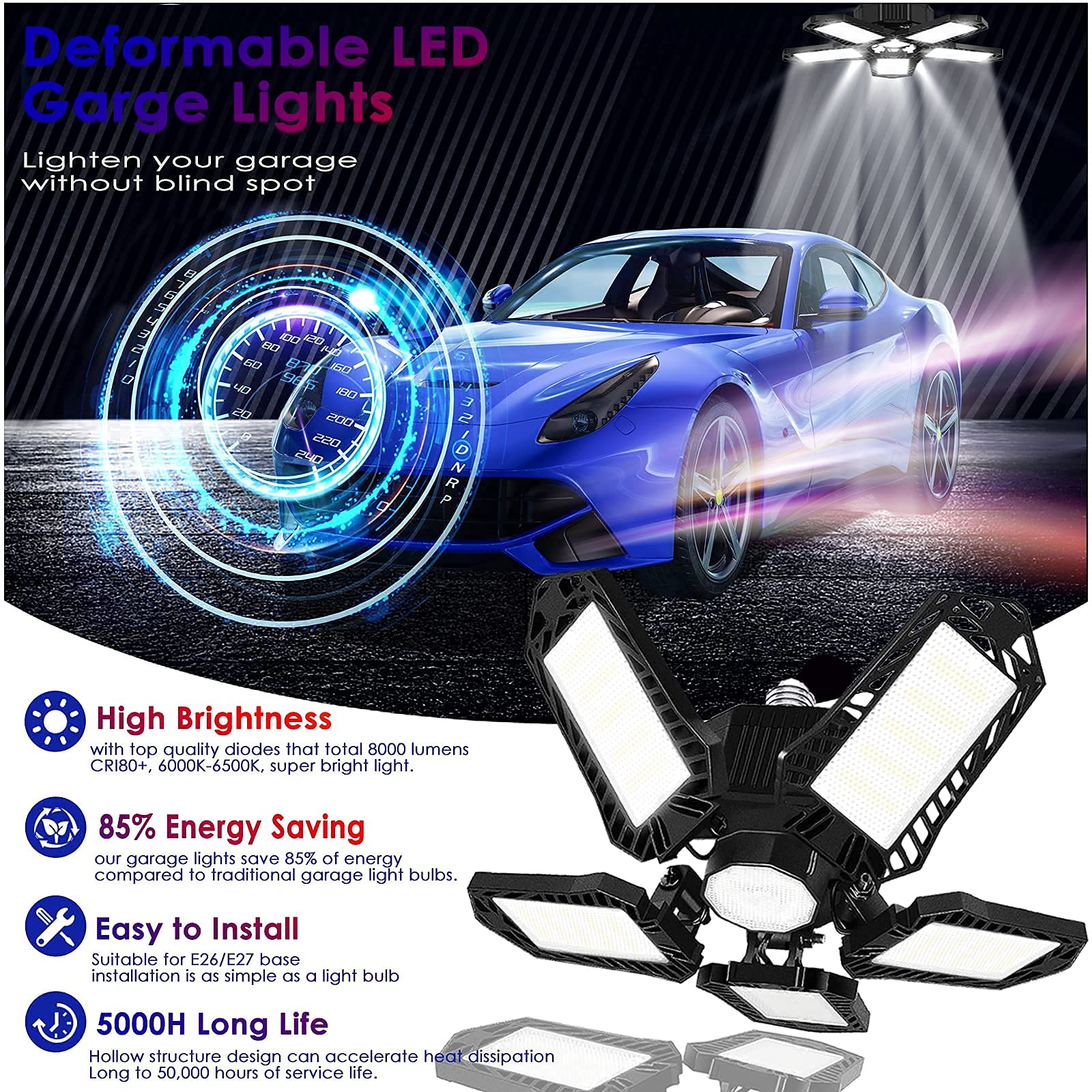 Garage Light Bulb Deformable LED Garage Lights 100W 10000LM 6500K Super ...