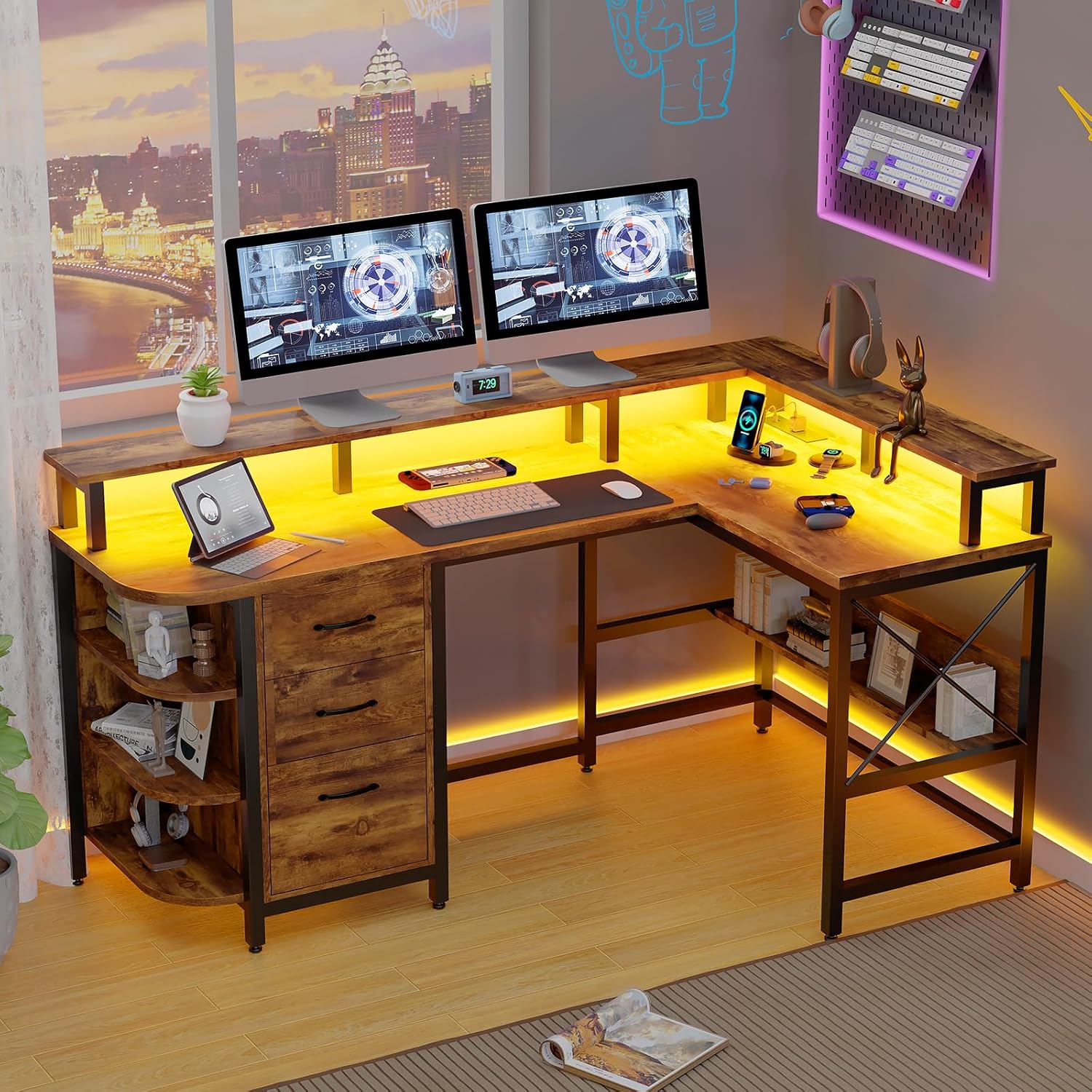 Amazon.com: 67" L Shaped Computer Desk with LED Lights and Power ...