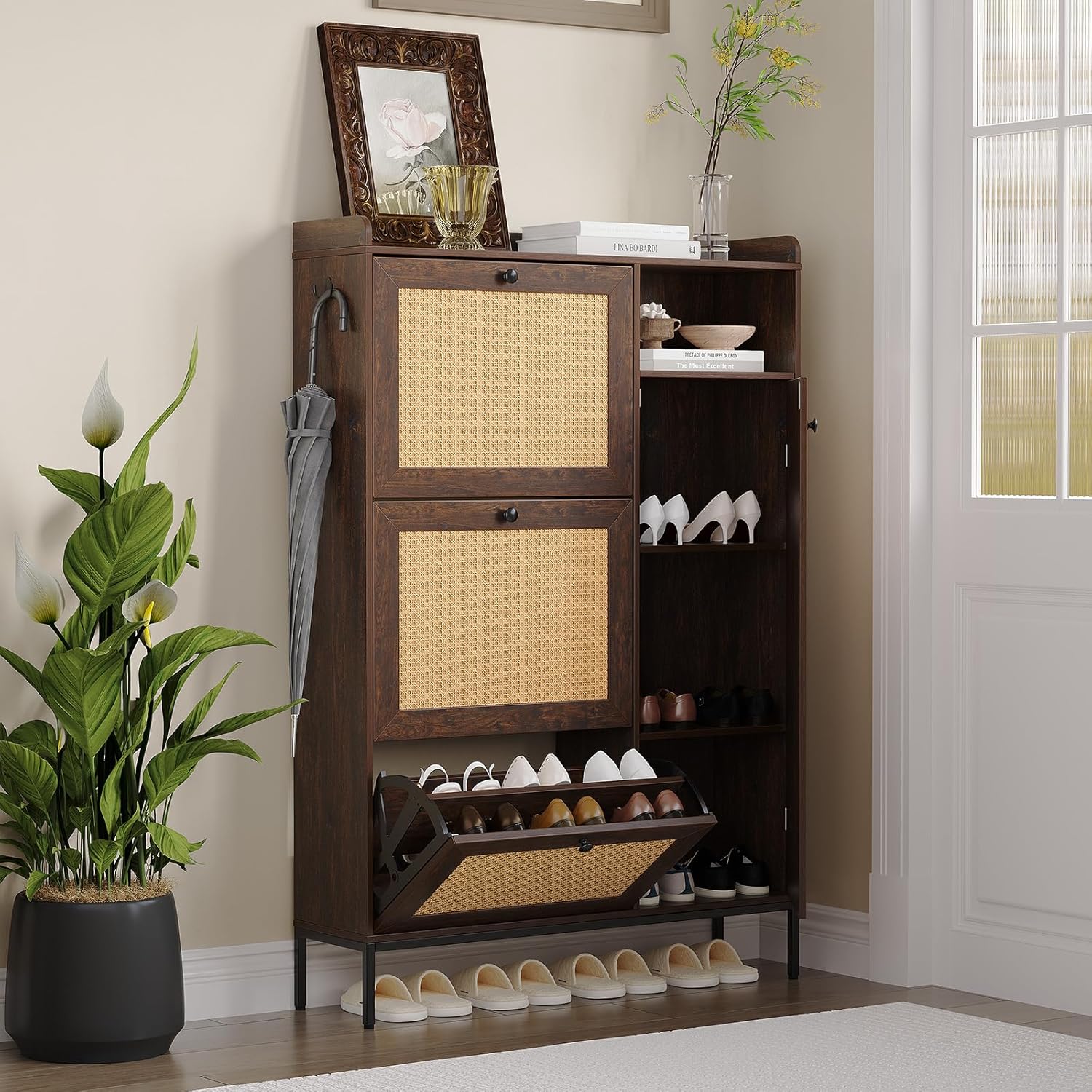 Amazon.com: Shoe Cabinet With 3 Flip Drawers, Large Rattan Shoe Storage ...