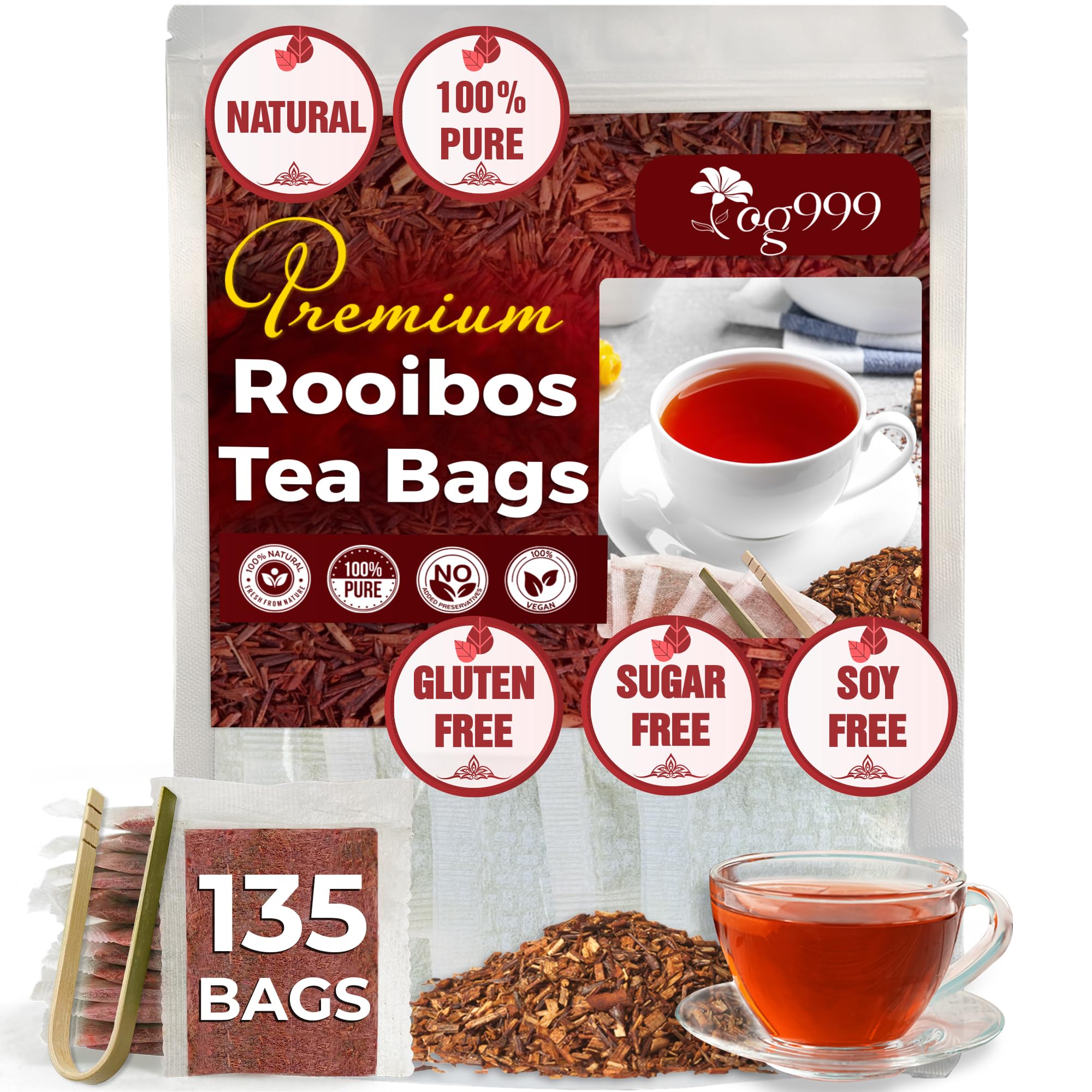 Amazon.com : TOG999, 135 Premium Red Rooibos Tea Bags, 100% Natural ...
