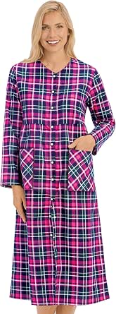 Collections Etc Comfortable Plaid Flannel Snap Front Robe with Pockets ...