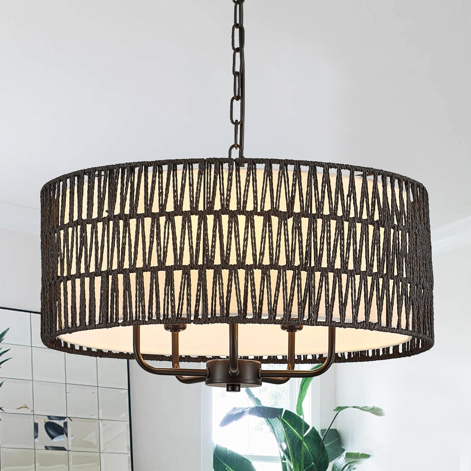 YOMECOO Boho Hand-Woven Black Rattan Chandelier with Linen Vintage ...