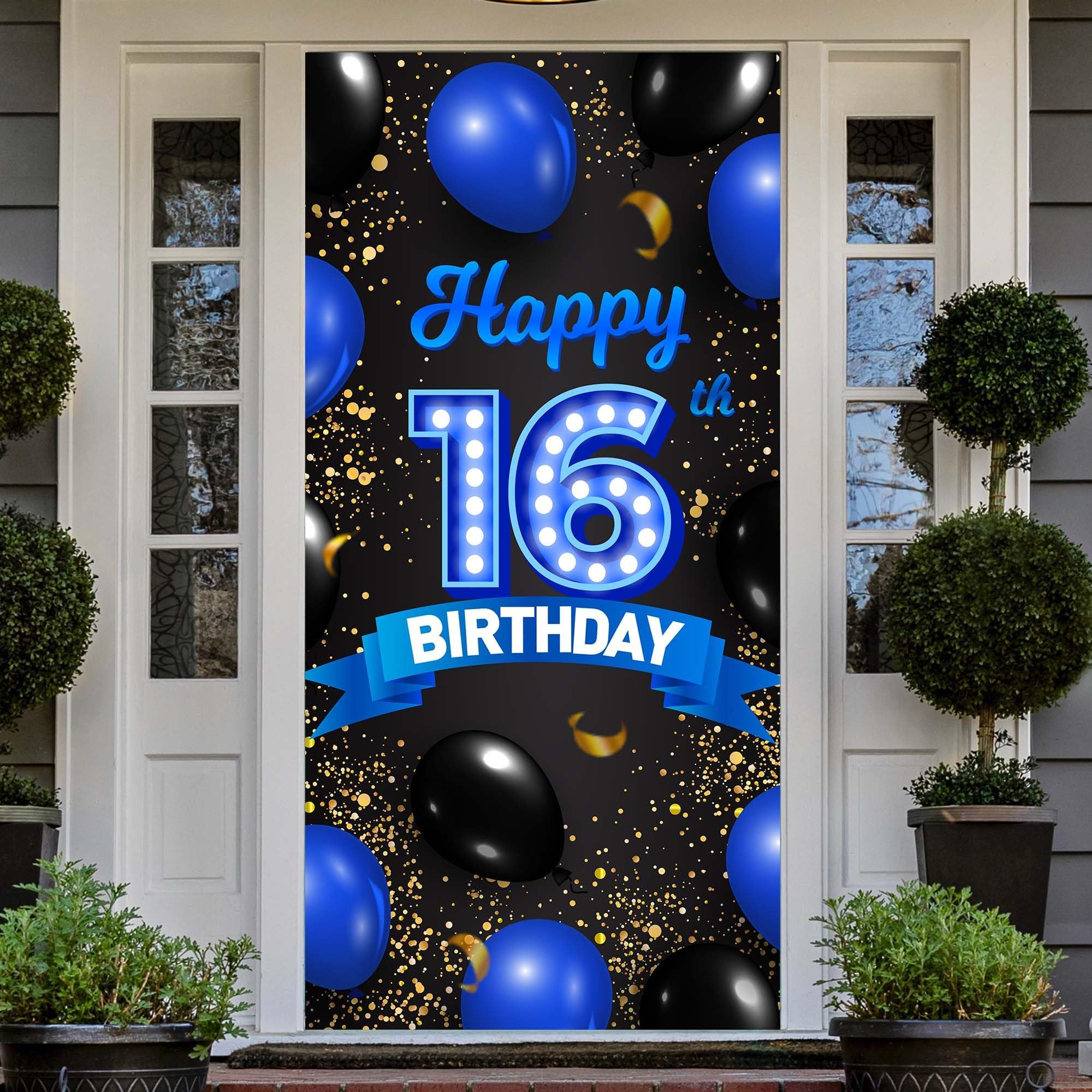Amazon.com: Happy 16th Birthday Blue and Black Banner Backdrop Cheers ...