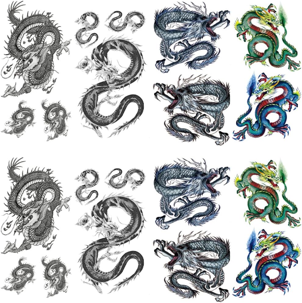 Amazon.com : TASROI 8 Sheets Cool Dragon Temporary Tattoos For Men ...