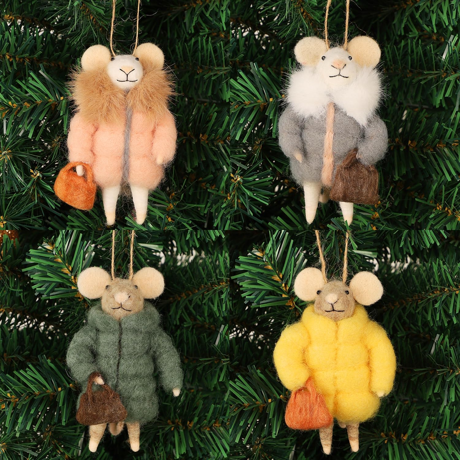 Set of 4 Christmas Felt Mice Ornaments, 4.7" Mini Hanging Wool ...