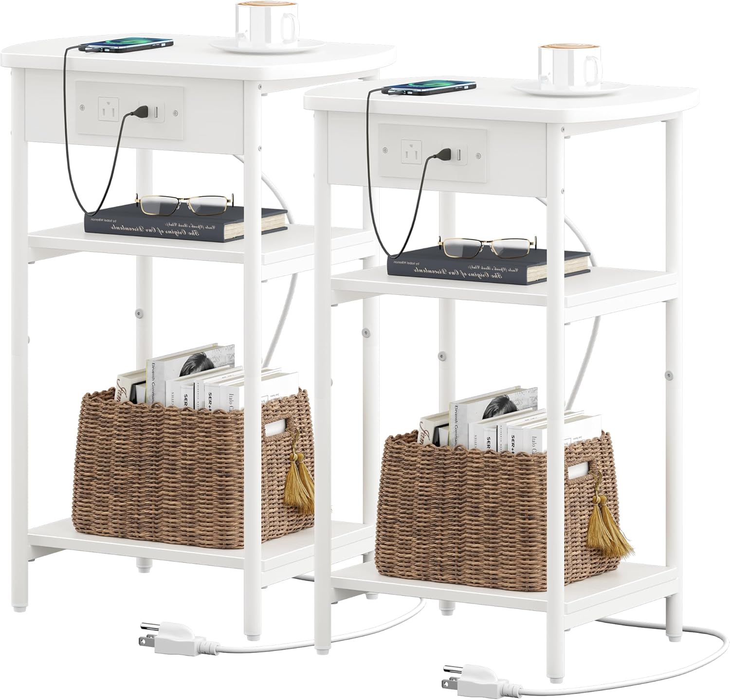 Amazon.com: Hzuaneri 端桌 附充電站 窄邊桌 客廳、床頭櫃 2 件組 收納床邊桌 附 USB 連接埠和插座 白色 ET15203W : 居家與廚房