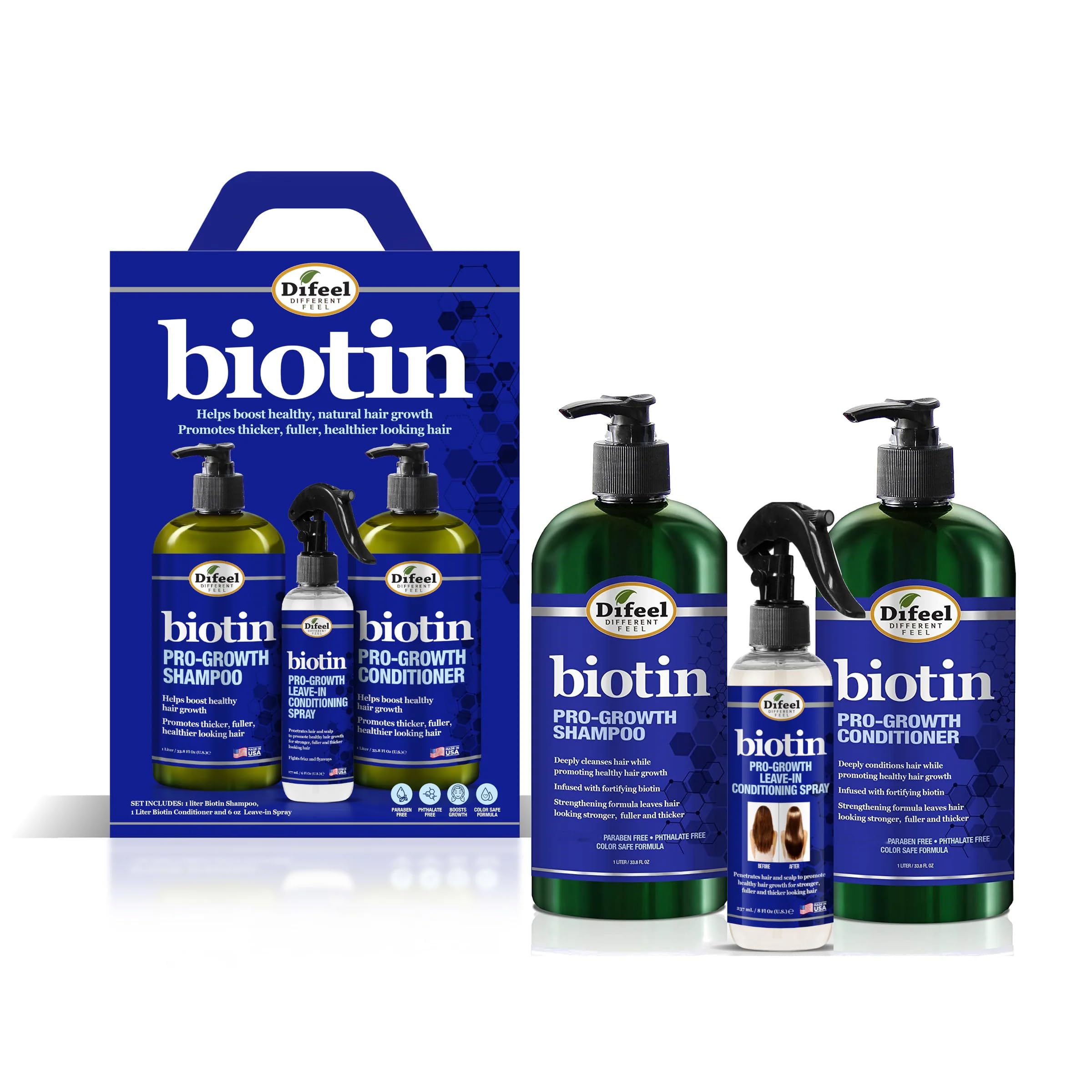 Amazon.com : Difeel Biotin Pro-Growth Shampoo, Conditioner & Leave-in ...
