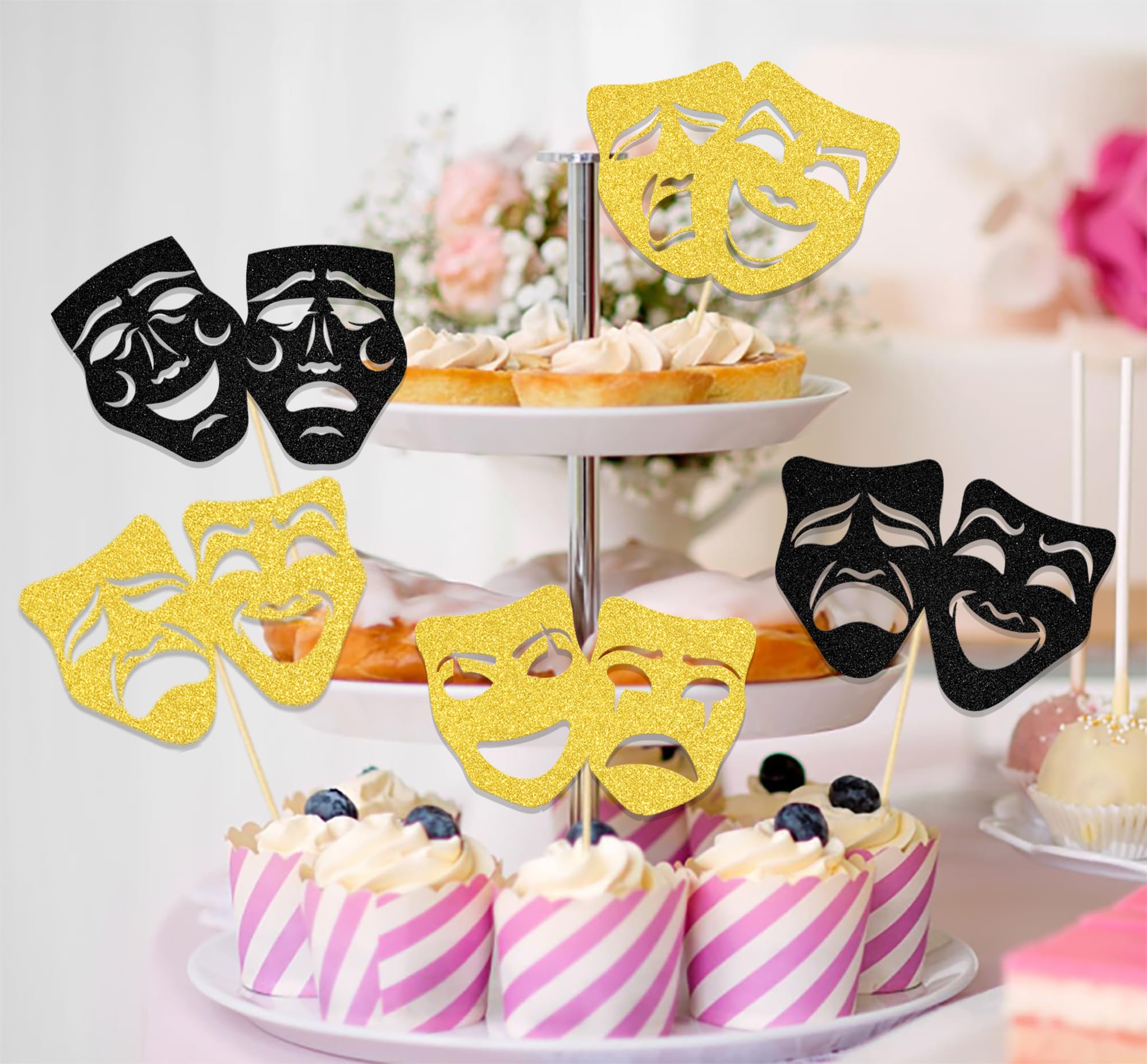 Snapklik.com : 24Pcs Theatrical Mask Cupcake Topper,Comedy Movie Night ...