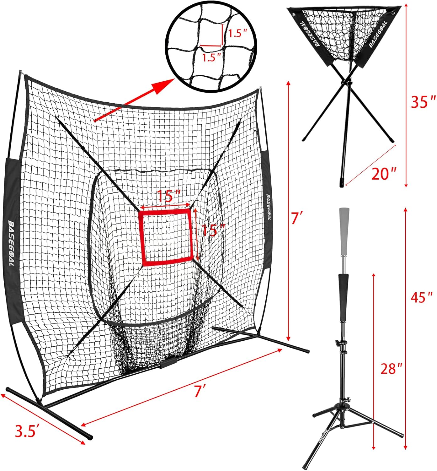 7’×7′ Baseball Softball Practice Net,Baseball Backstop,with Batting Tee ...