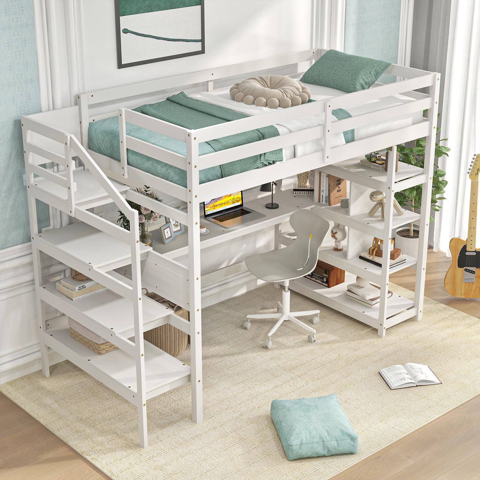 Amazon.com: Giantex Twin Loft Bed with Desk and Stairs, Solid Wood High ...